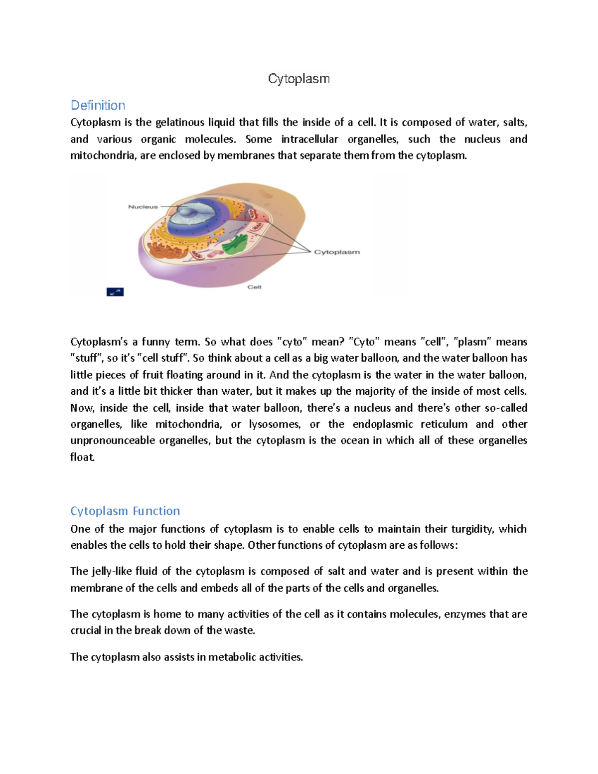 Cytoplasm Overview - Summary for Molecular Biology-I - Studocu
