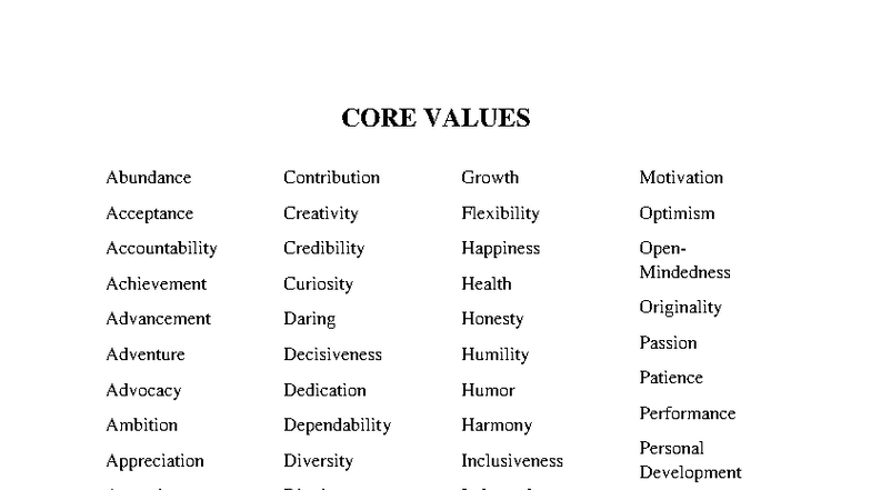 CORE VALUES Activity: Exploring Key Principles for Growth - Studocu