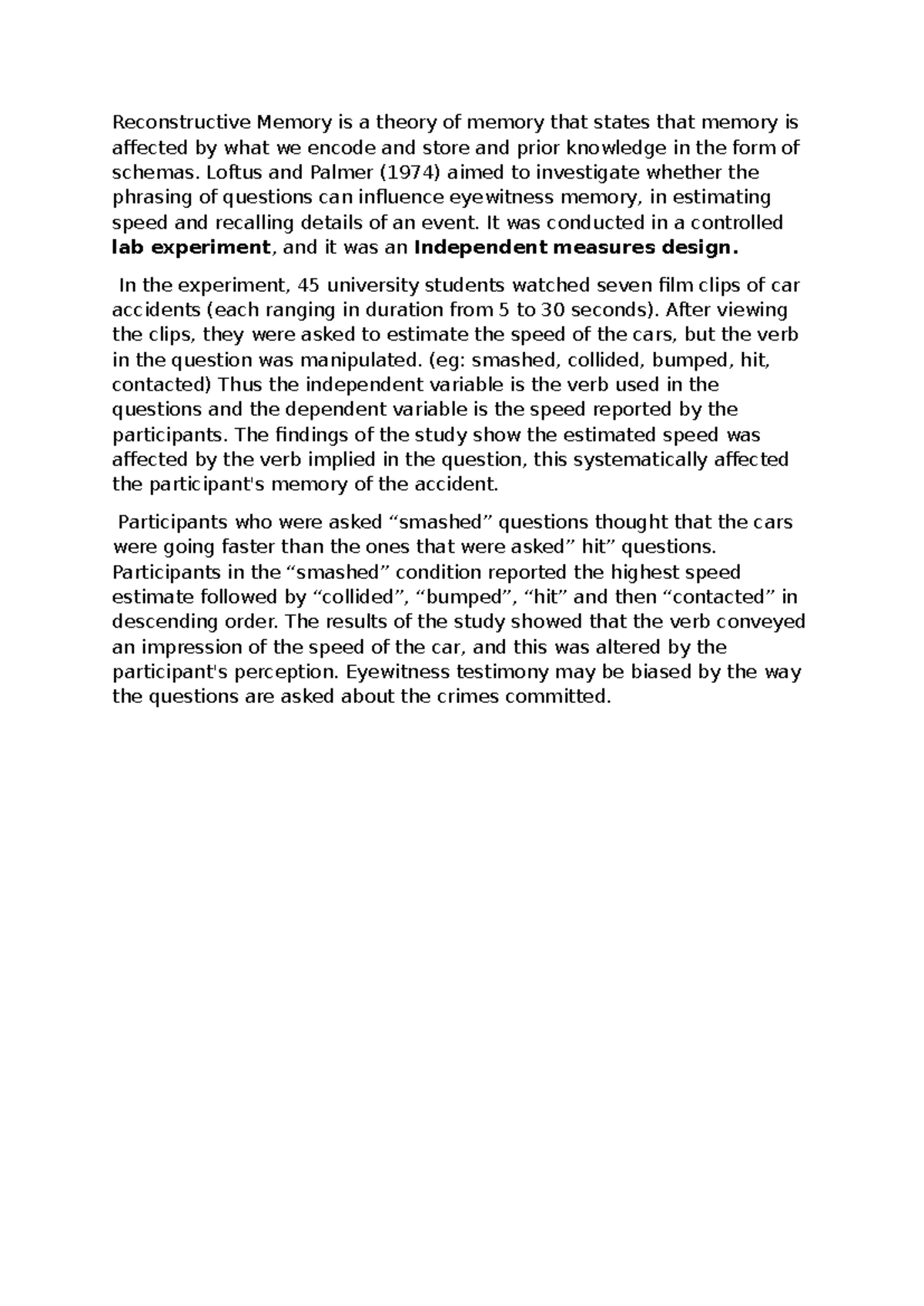 SAQ - Psychology: Loftus & Palmer's Study on Eyewitness Memory - Studocu