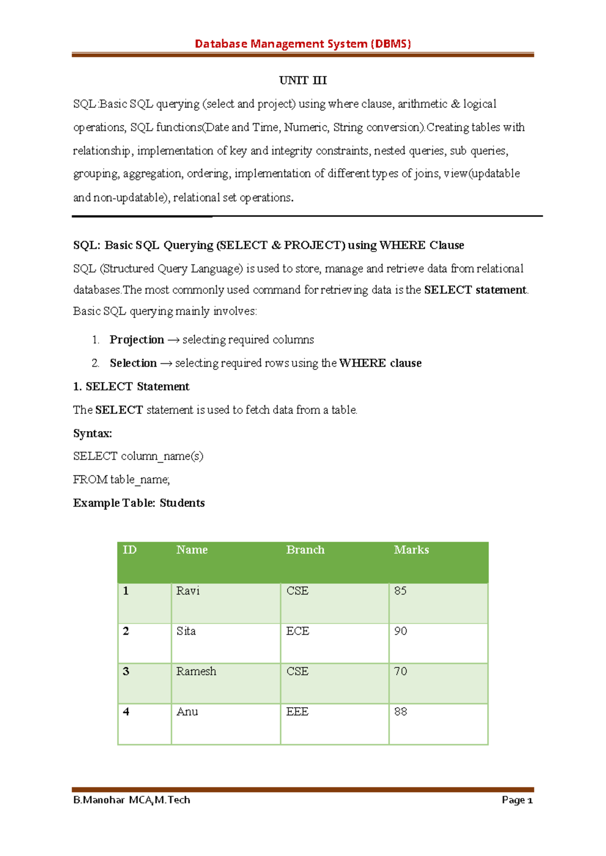 DBMS 3: Lecture Notes on Basic SQL Querying and Functions - Studocu