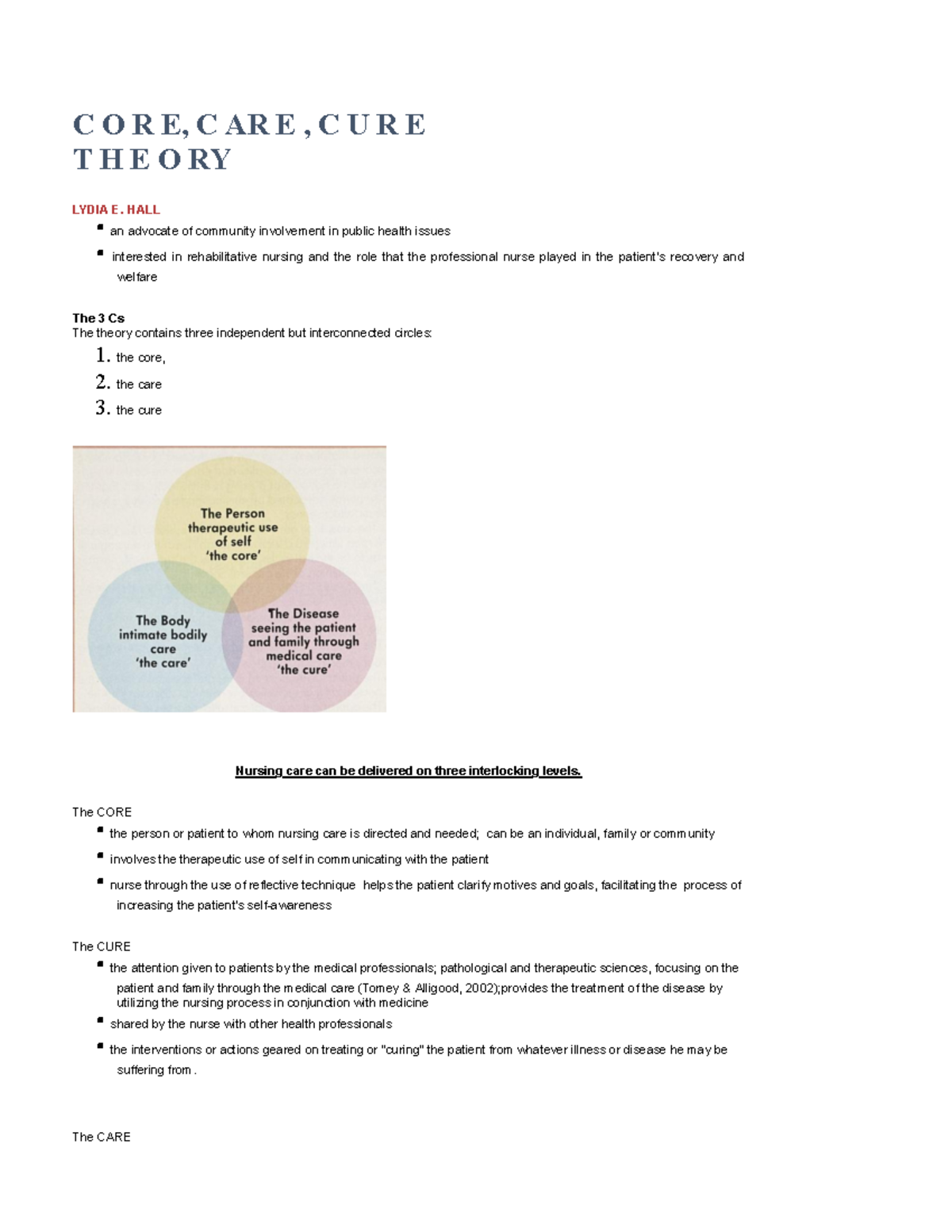 Lydia Hall's Care, Core, Cure Theory Overview (NURS 101) - Studocu