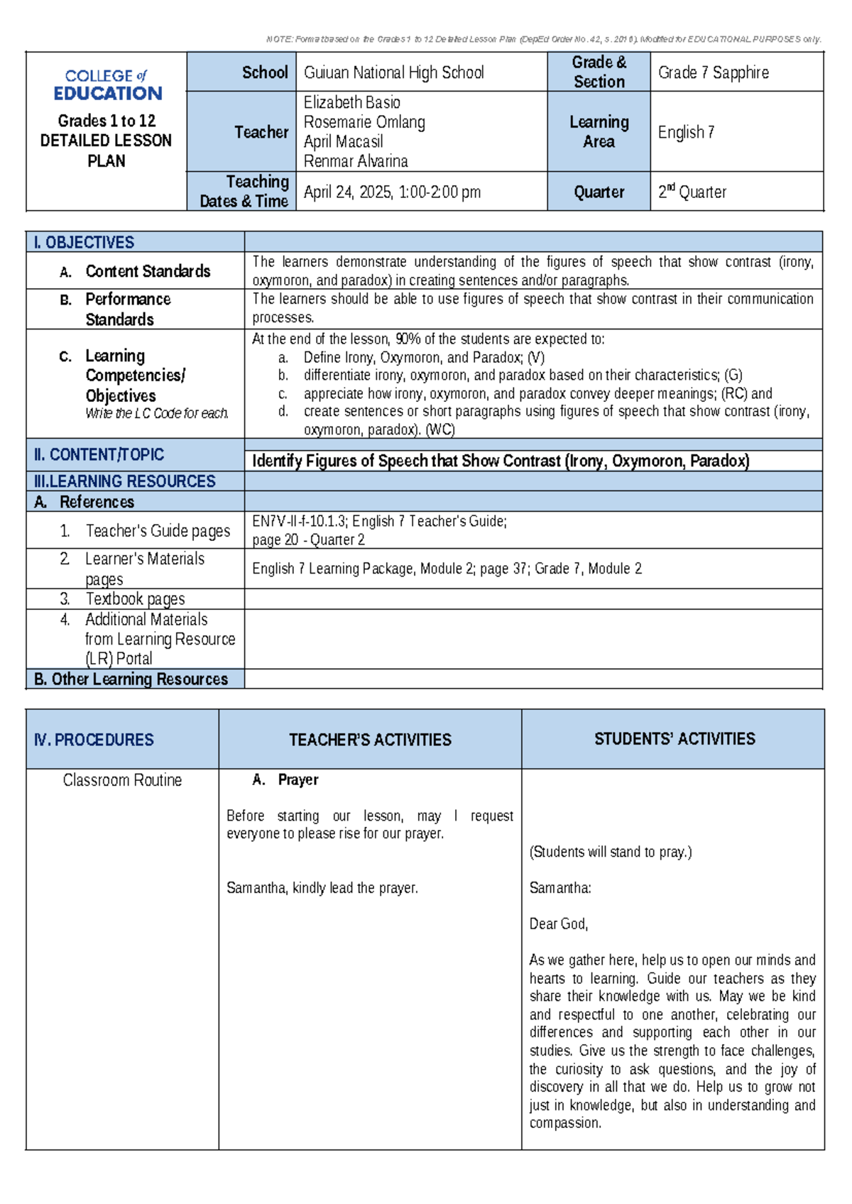 EDUC 7: Detailed Lesson Plan on Figures of Speech - Irony, Oxymoron ...