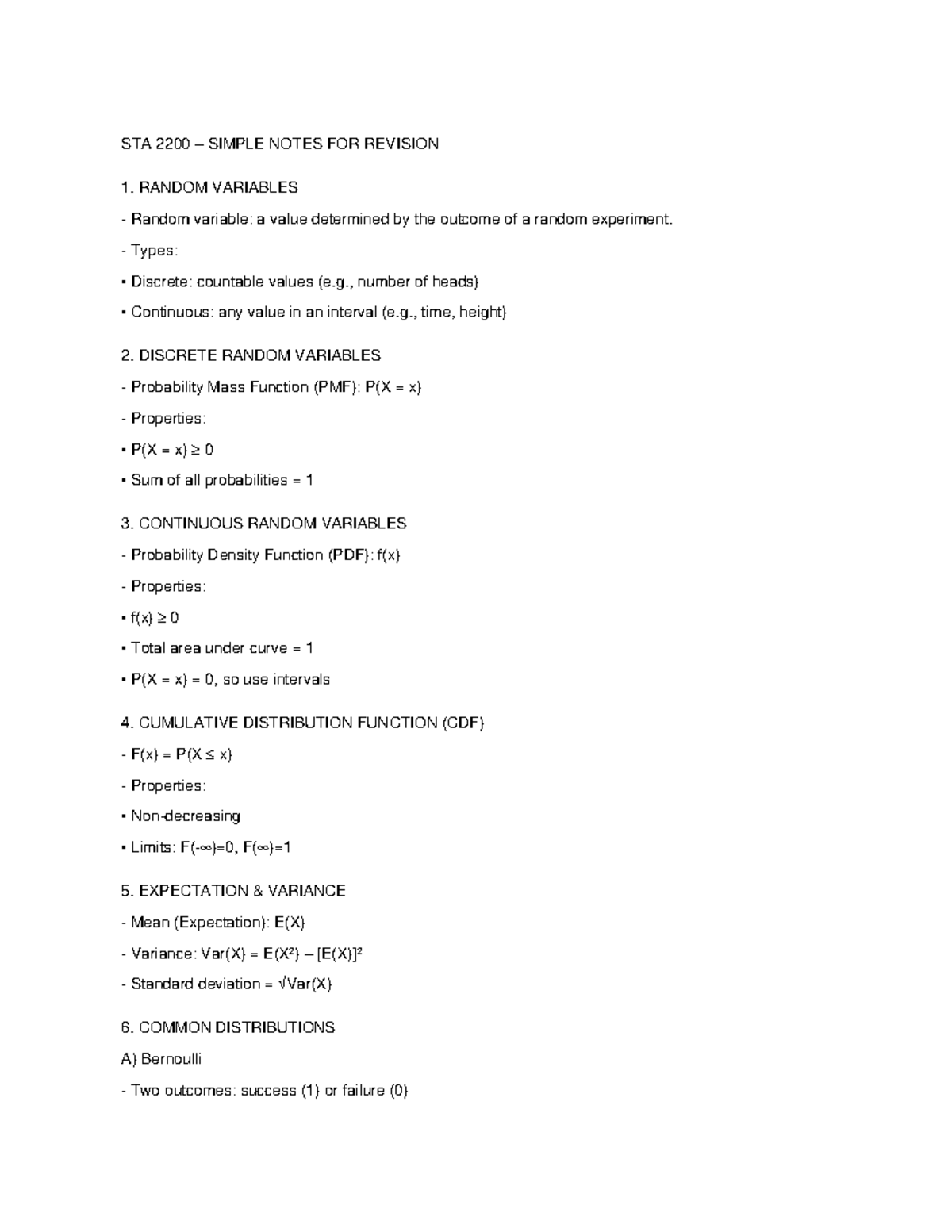 STA 2200 Revision Notes on Random Variables and Distributions - Studocu