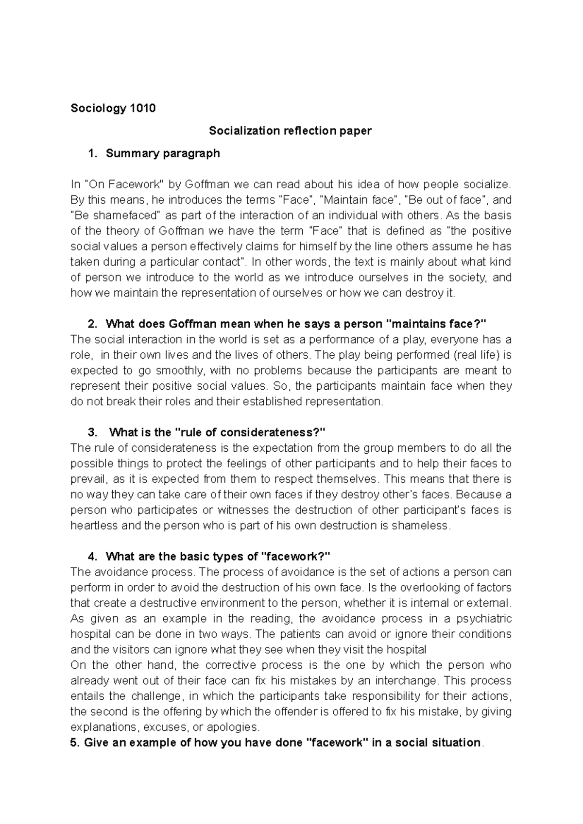 Socialization reflection paper - Sociology 1010 **Socialization ...