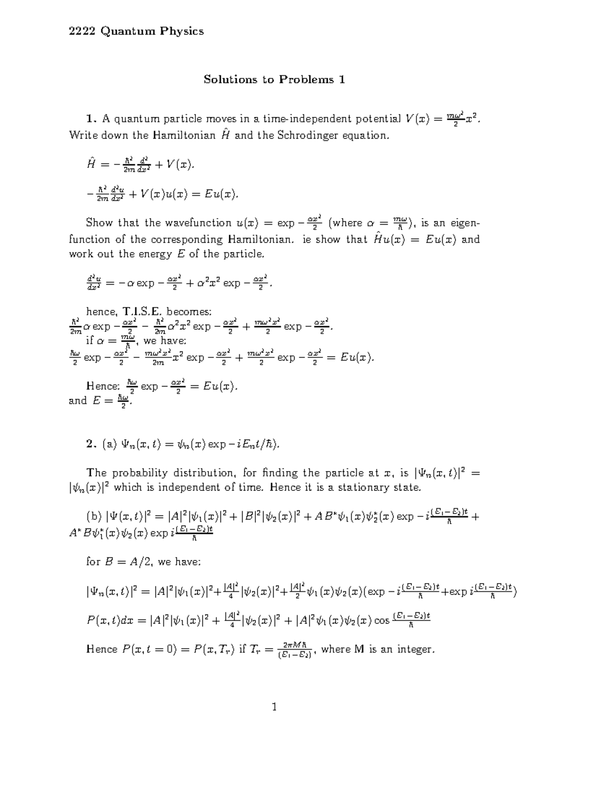 Quantum Physics (PHYS 101) Problem Sheet 1 - Solutions to Problems ...