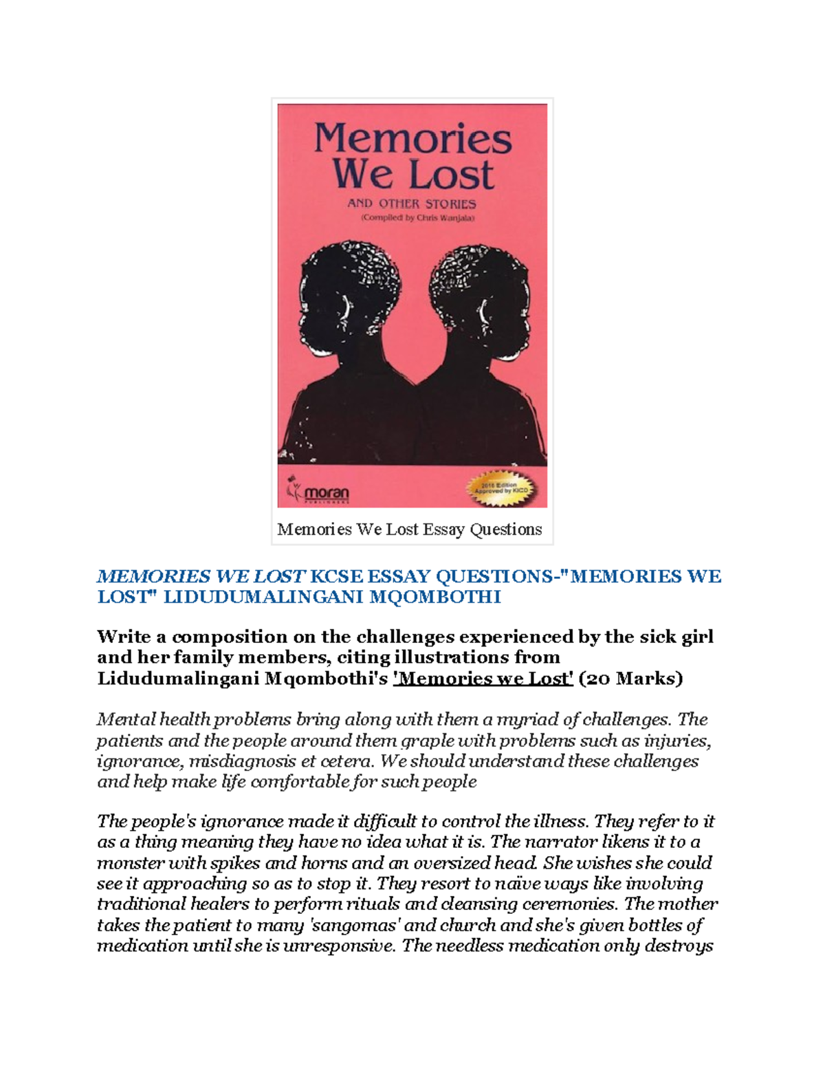 Memories We Lost KCSE Essay Questions and Analysis - Studocu