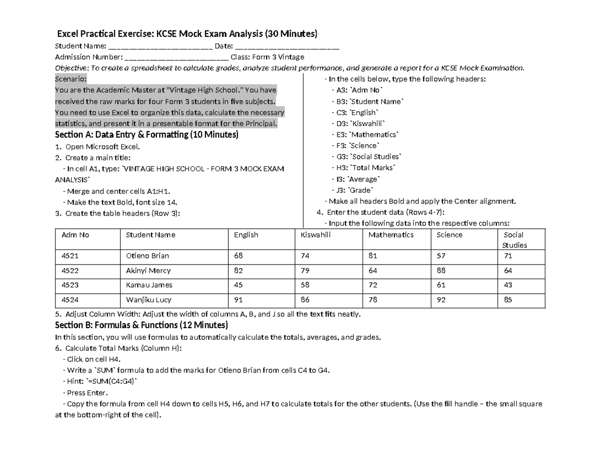 Excel Practical Exercise: KCSE Mock Exam Analysis for Form 3 - Studocu