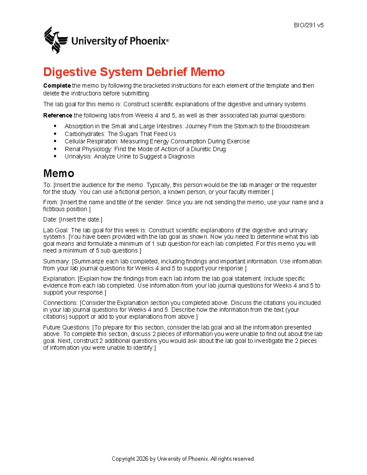 Bio291 v5 Week 5 Digestive & Urinary Systems Memo - Studocu