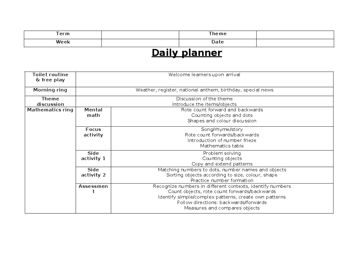 Grade R Daily Planner: Daily Activities and Assessment Strategies - Studocu