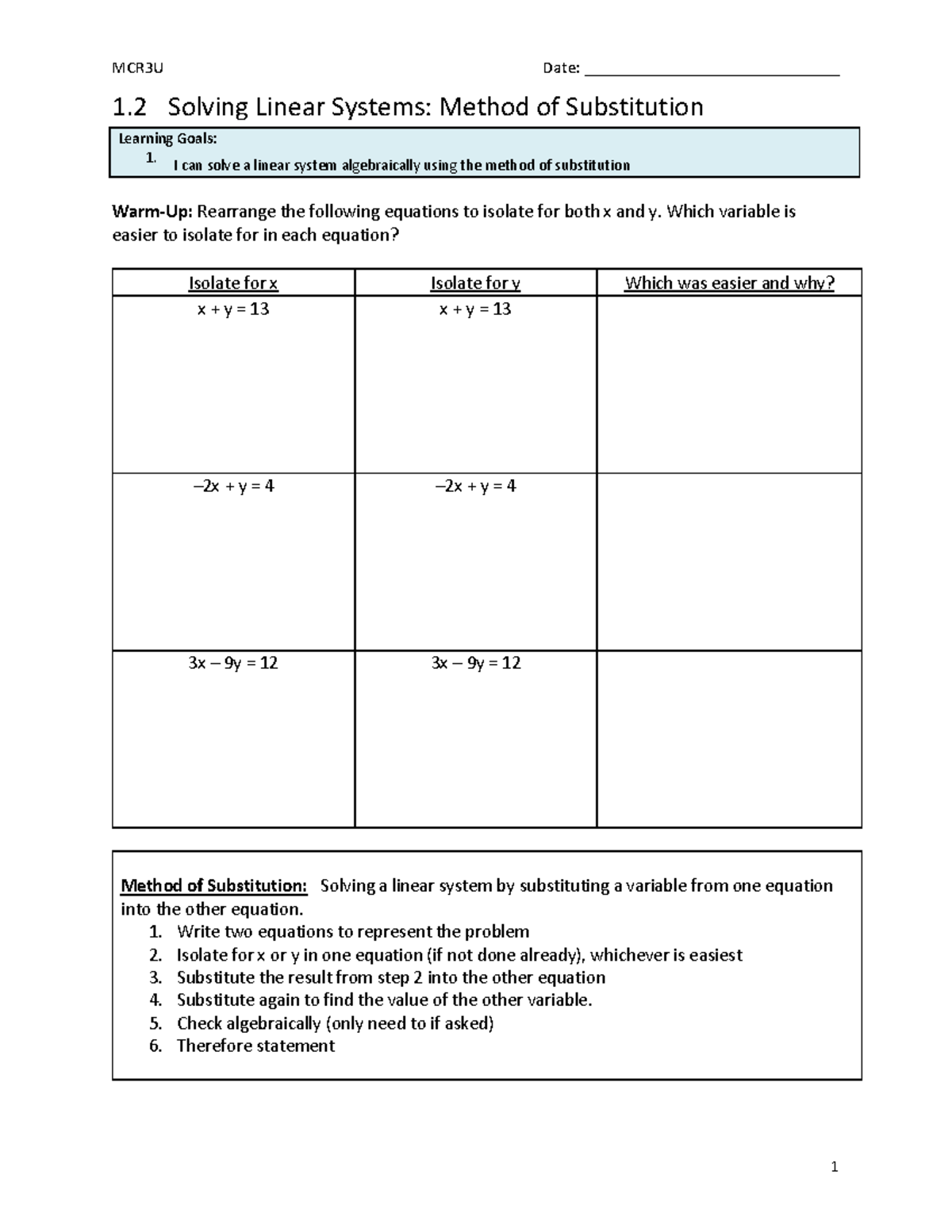 MCR3U 1.2 Substitution Method for Solving Linear Systems - Studocu
