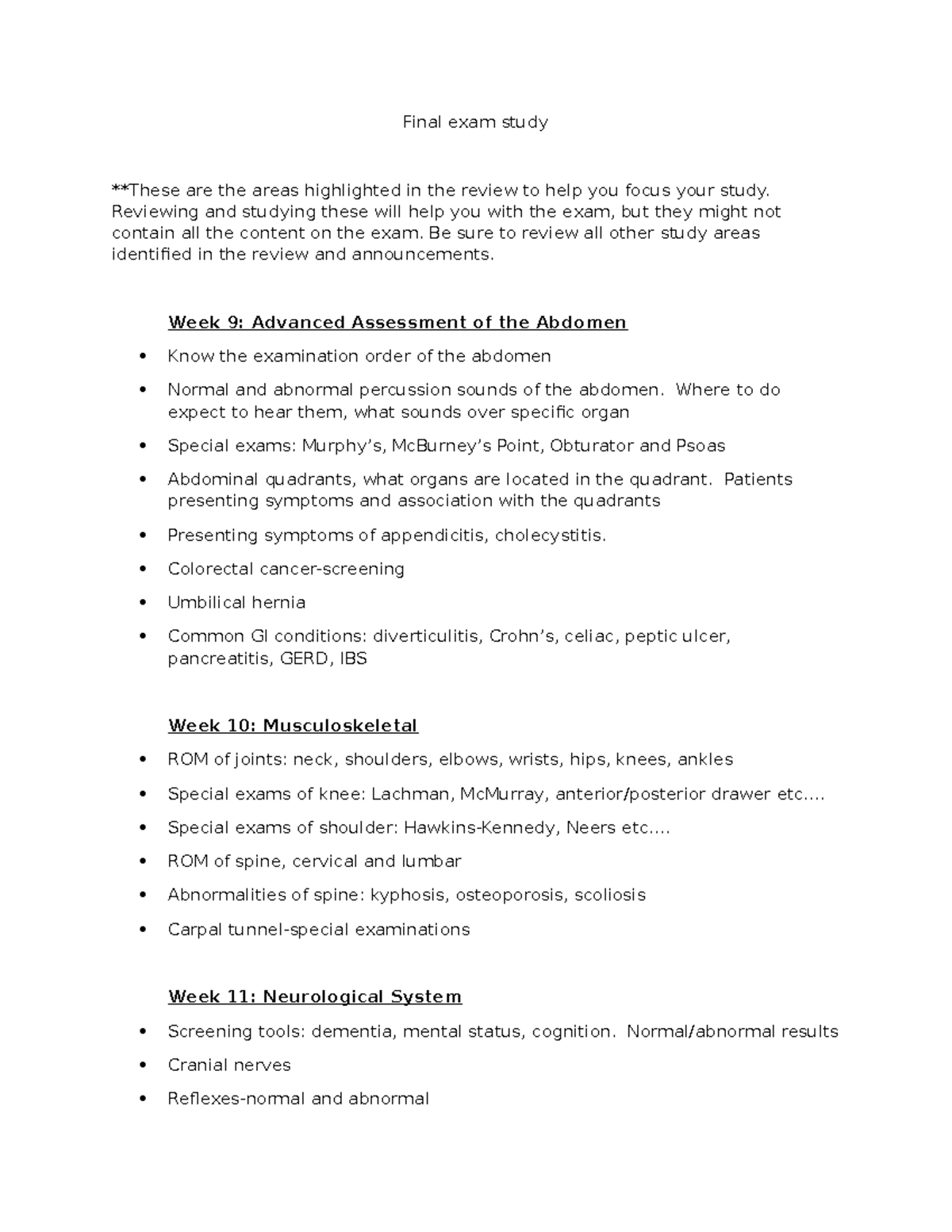 Final Exam Study Guide: Advanced Assessment & Neurological Review - Studocu
