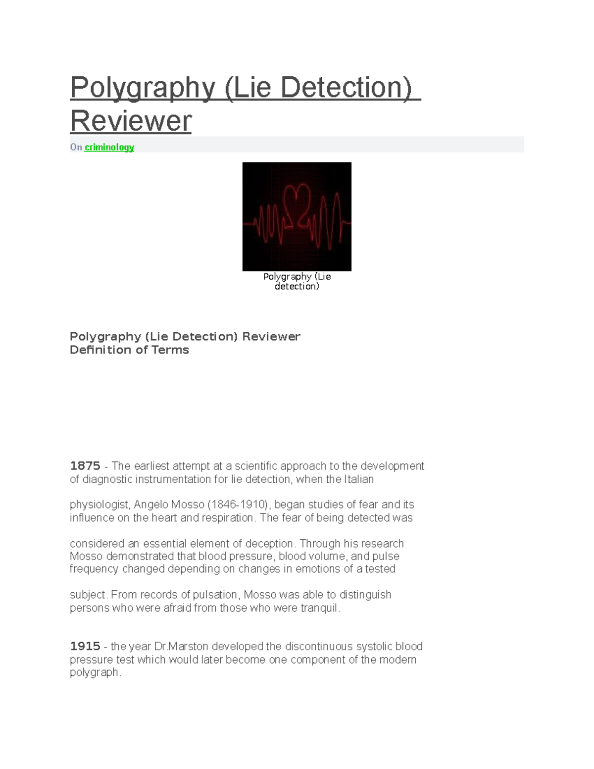 Polygraphy (LIE Detection) Lecture Notes for Criminology Study - Studocu