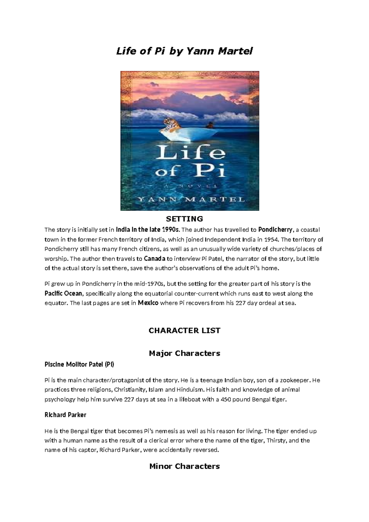 Life of Pi (ENG 101) - Comprehensive Chapter Summaries and Analysis ...