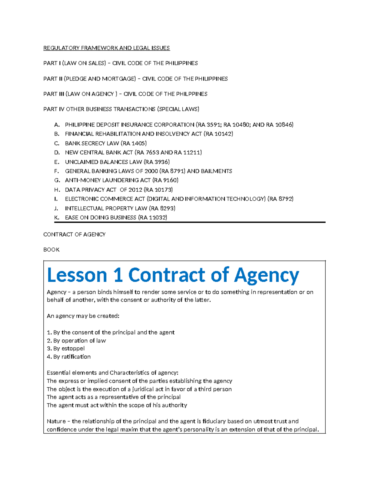 LAW ON AGENCY: CONTRACTS, OBLIGATIONS, AND REGULATIONS (CIVIL CODE ...