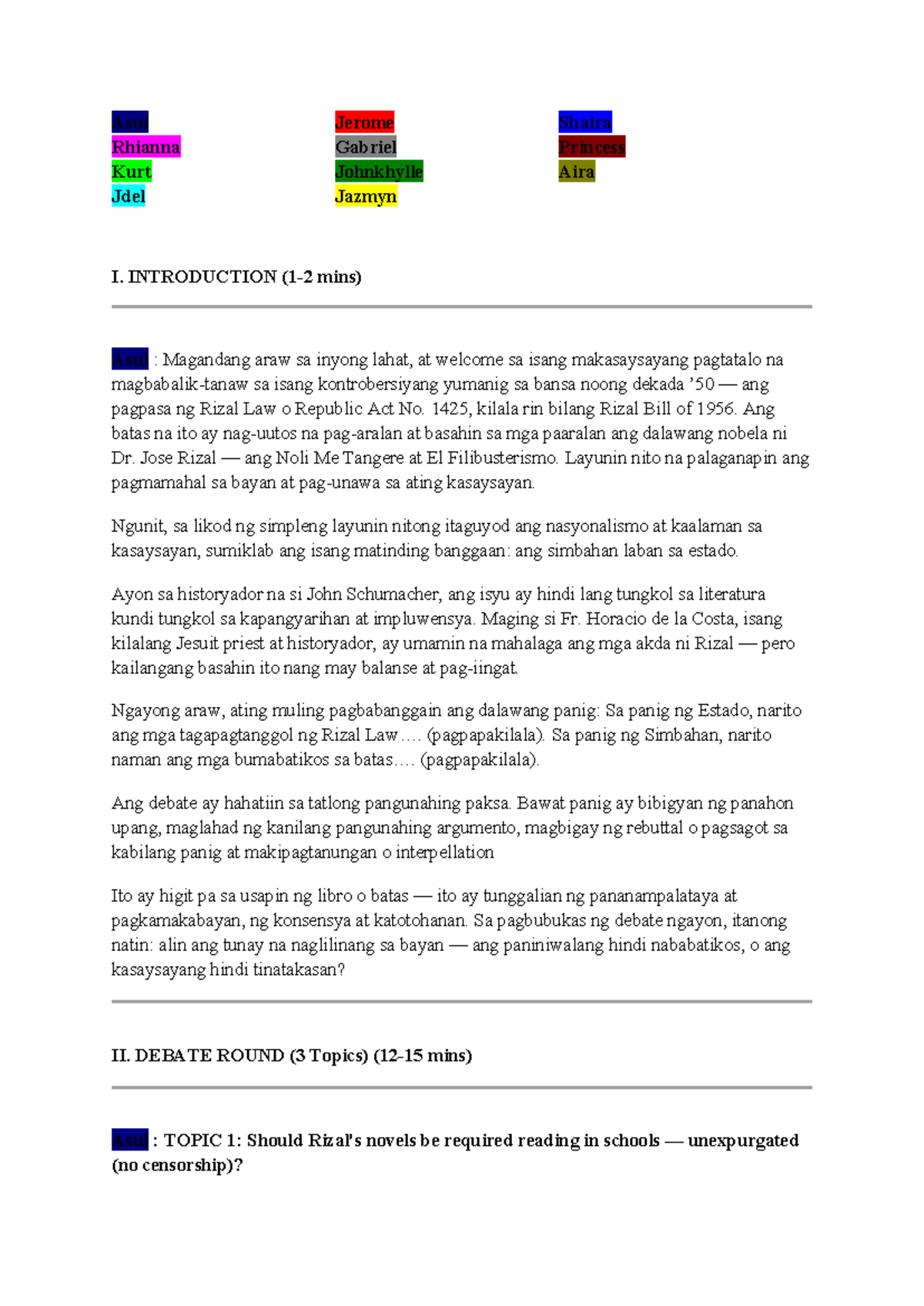 Presentation Debate Script: Rizal Law Controversy (Course Code: RL-101 ...