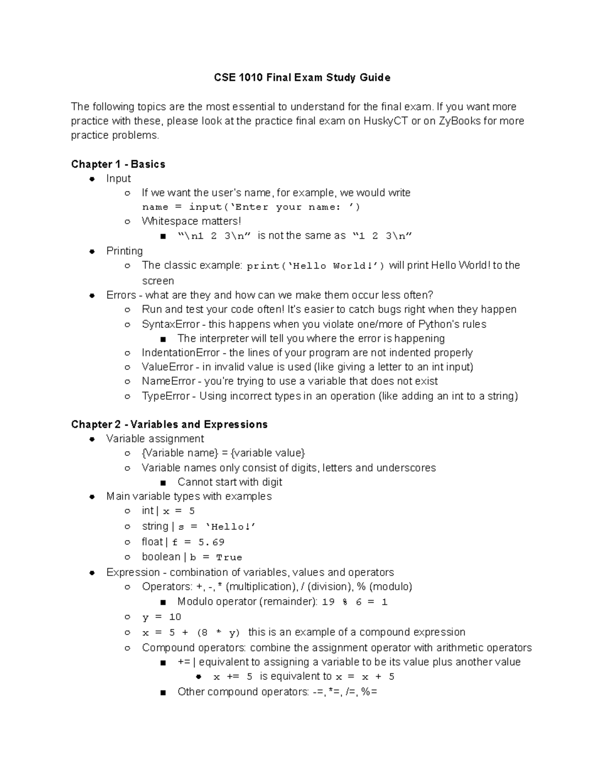CSE 1010 Comprehensive Final Exam Study Guide - Studocu