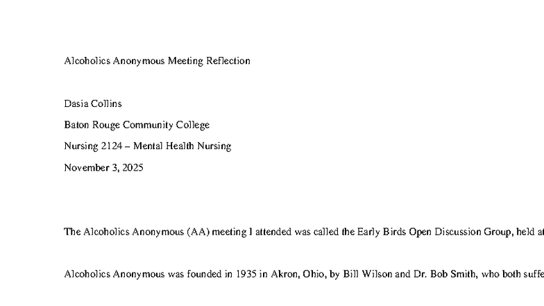 Nursing 2124: Reflection on Alcoholics Anonymous Meeting Experience ...