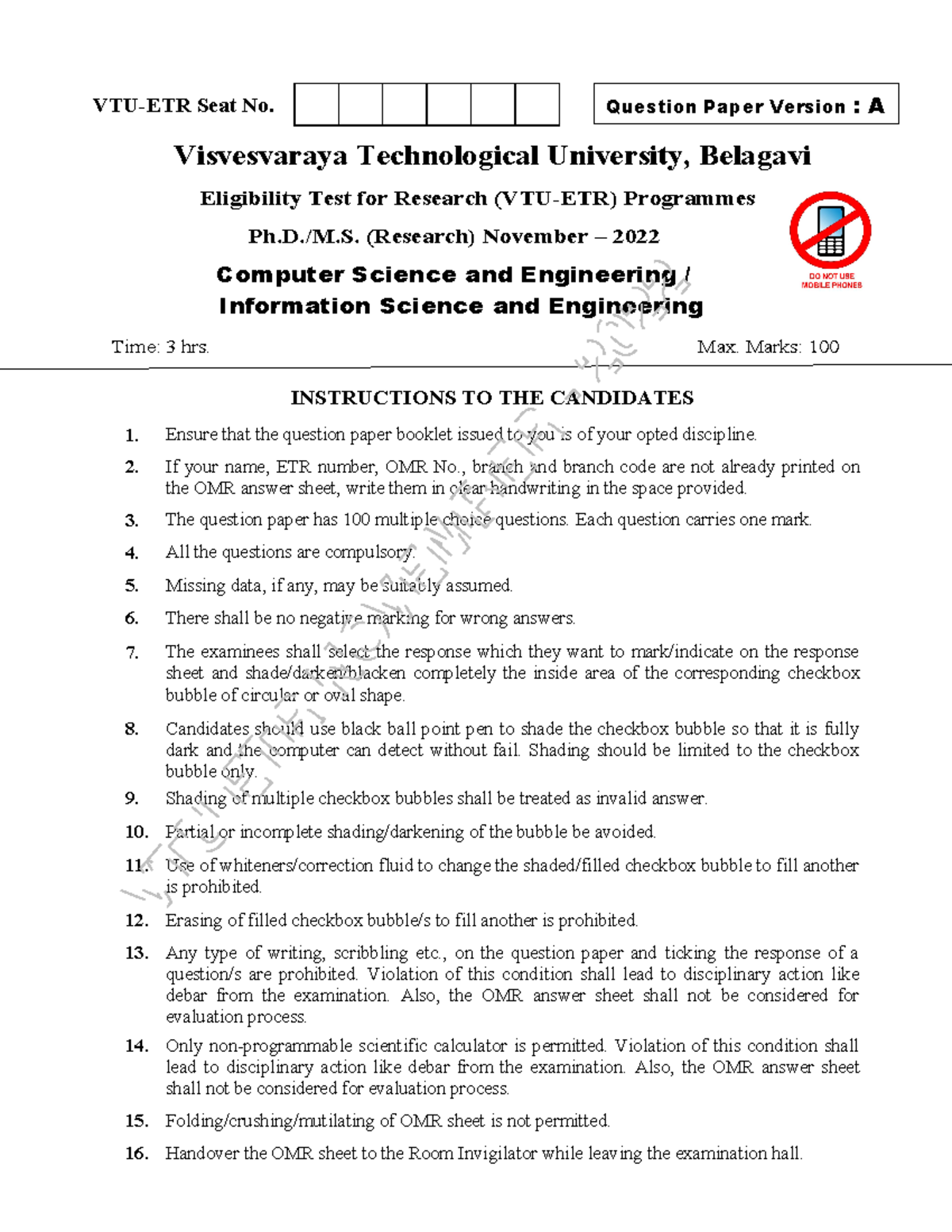 VTU-ETR Ph.D./M. Research QP - Computer Science & Info Science Nov 2022 - Studocu
