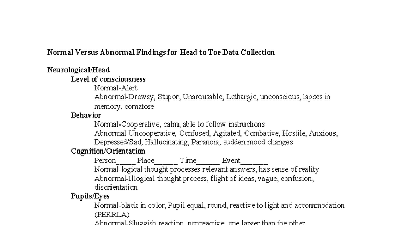 Normal vs Abnormal Findings in Head-to-Toe Assessment - Studocu