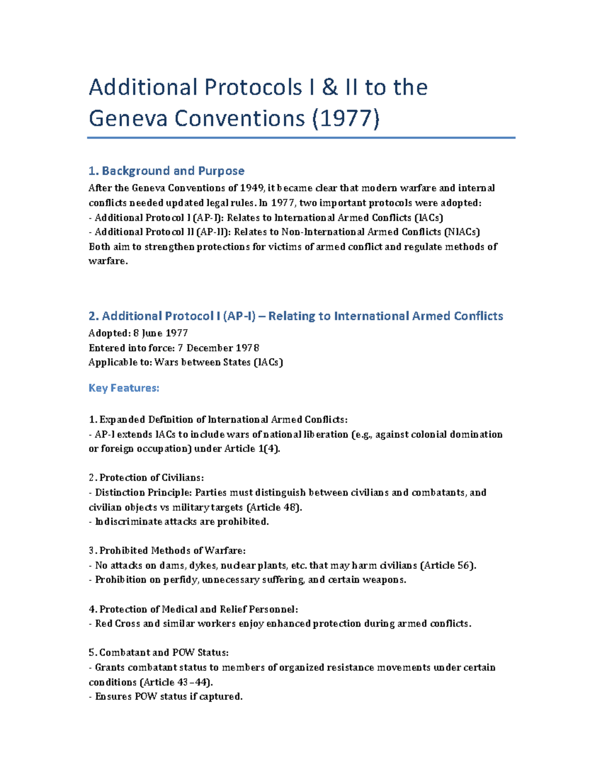 AP-I & AP-II Geneva Protocols: Key Features & Legal Implications - Studocu
