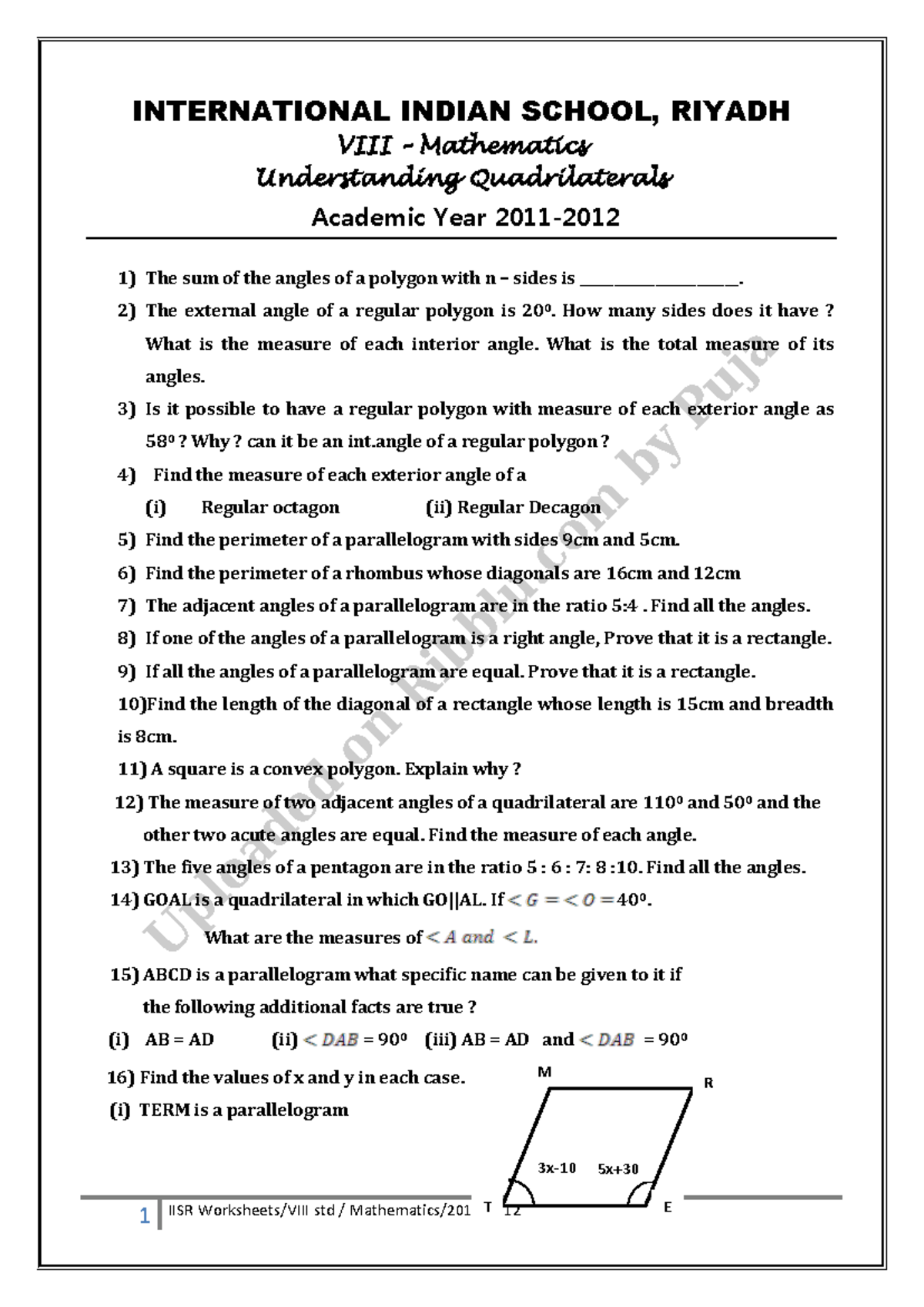 Understanding Quadrilaterals: Extra Questions for Class 8 Maths (IIS ...