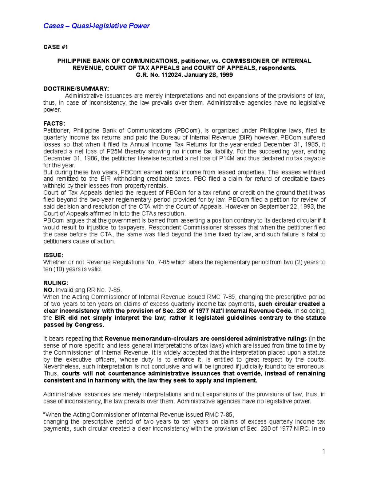 Quasi-Legislative Power Case Compilation: Key Legal Insights and ...