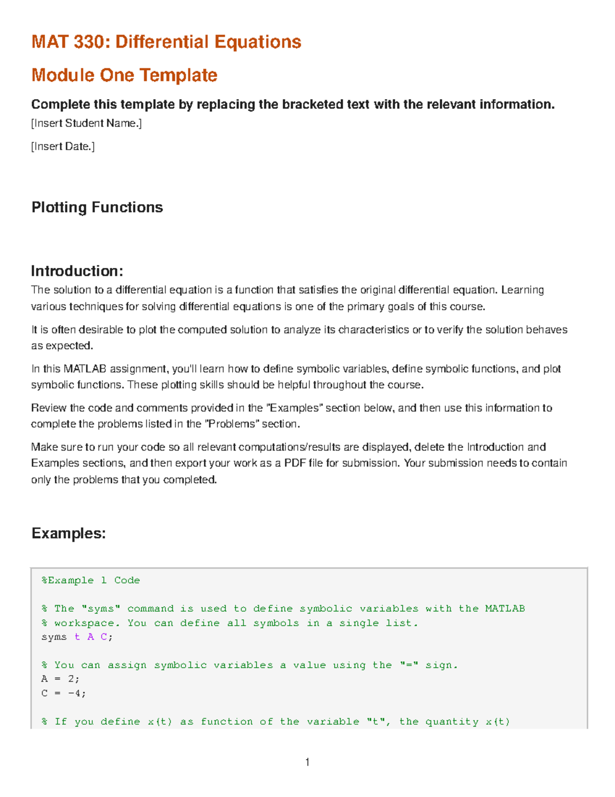 MAT330 Module One: MATLAB Differential Equations Assignment Template - Studocu
