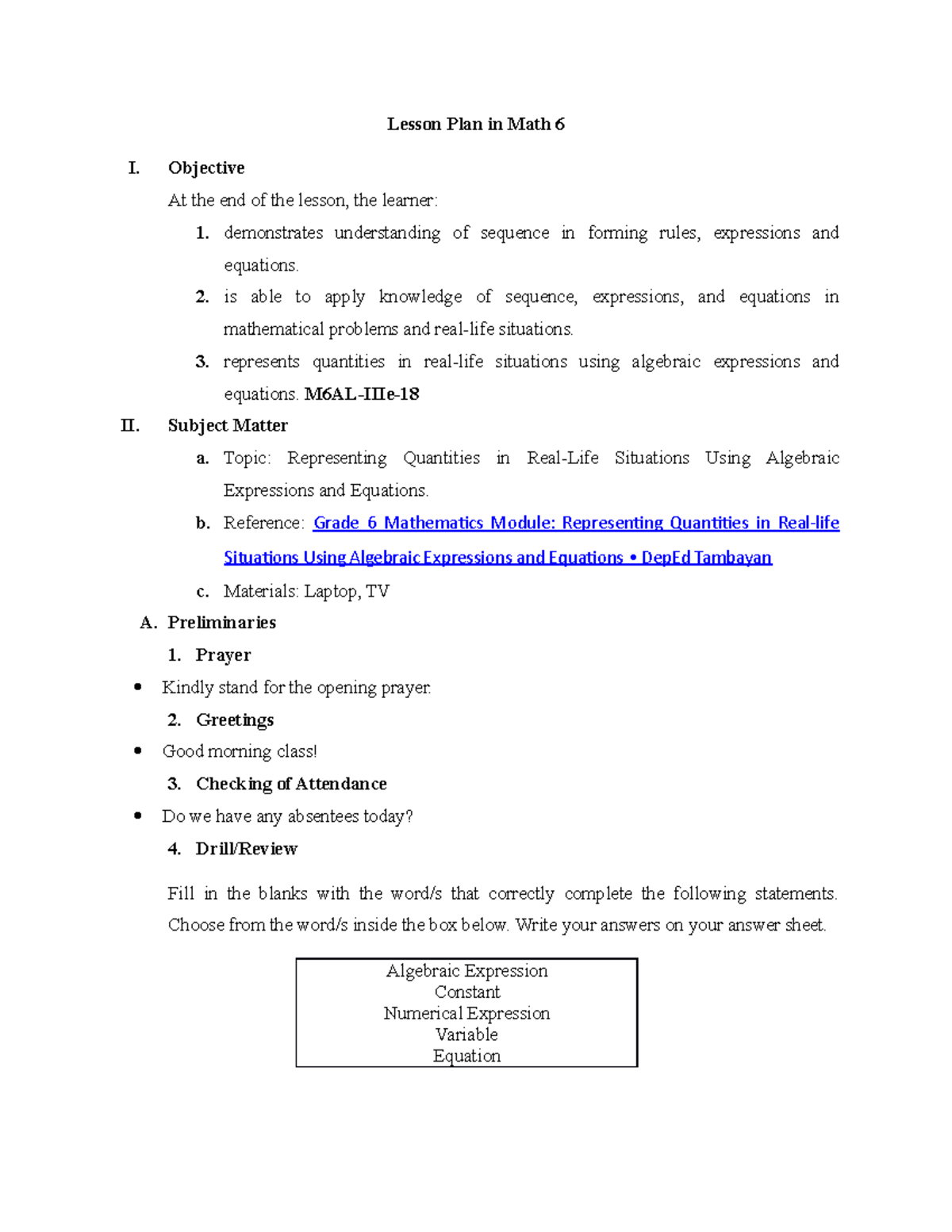 Math 6 Lesson Plan: Representing Quantities with Algebraic Expressions ...