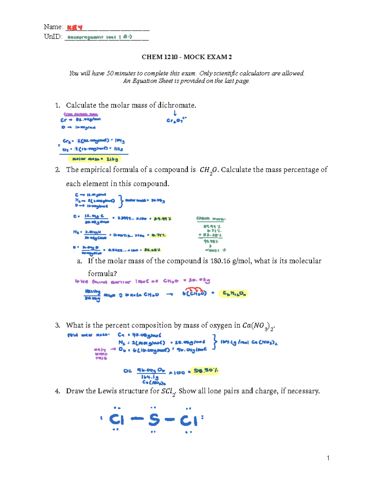 CHEM 1210 MOCK EXAM 2 KEY - Solutions and Explanations - Studocu