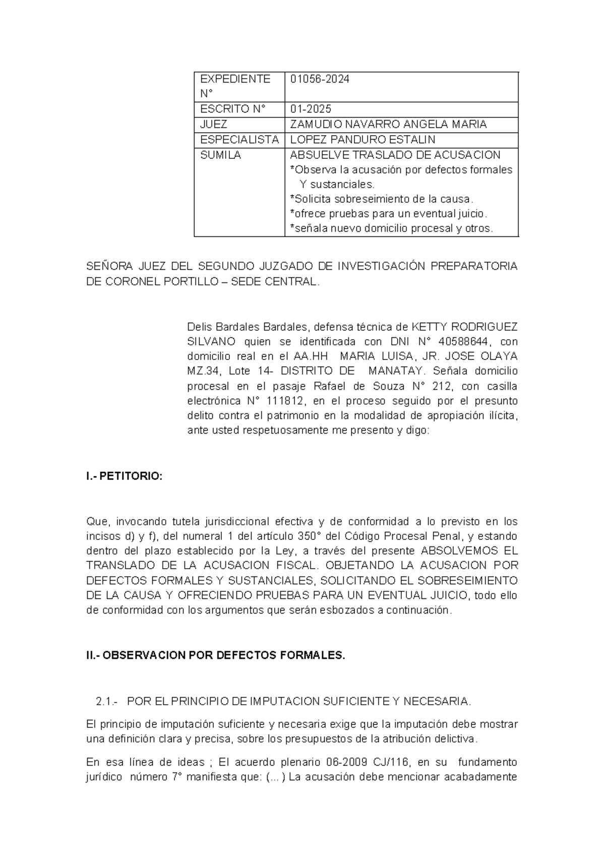 Absolución de Ketty Rodríguez Silvano - Exp. 1056: Análisis y Defensa ...