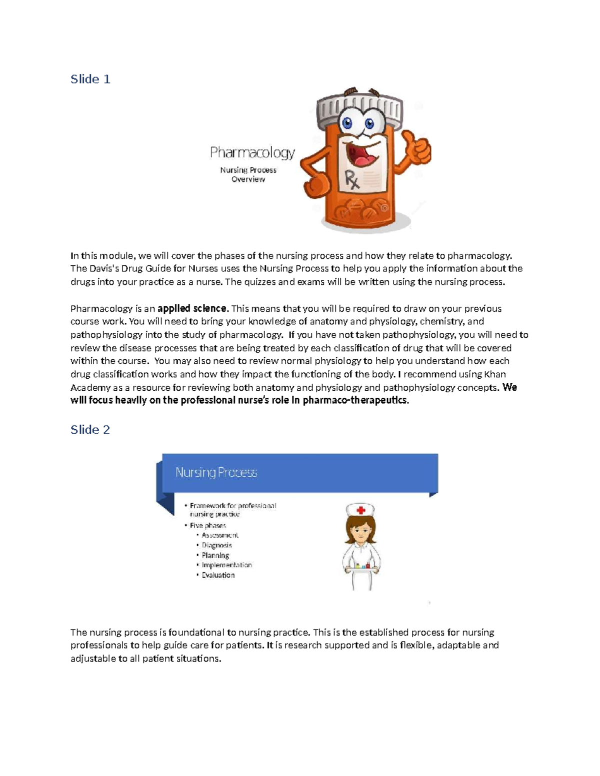 Pharmacology Nursing Process Overview Notes (NUR 101) - Studocu