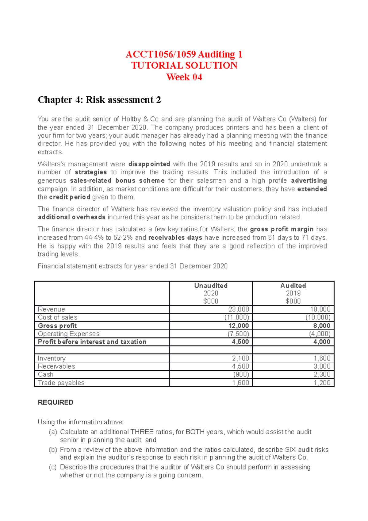 Week 4 Tutorial Solution - ACCT1056/1059 Auditing 1 TUTORIAL SOLUTION ...