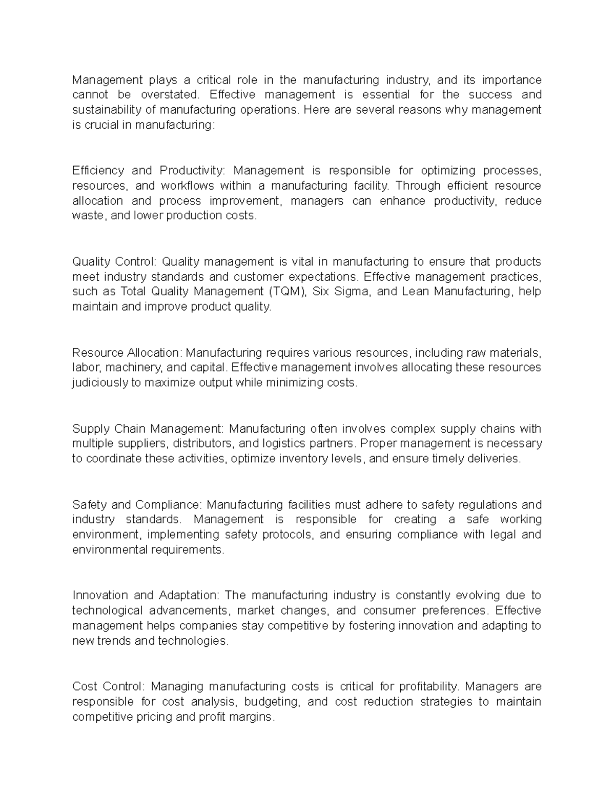 Manufacturing management - Management plays a critical role in the ...