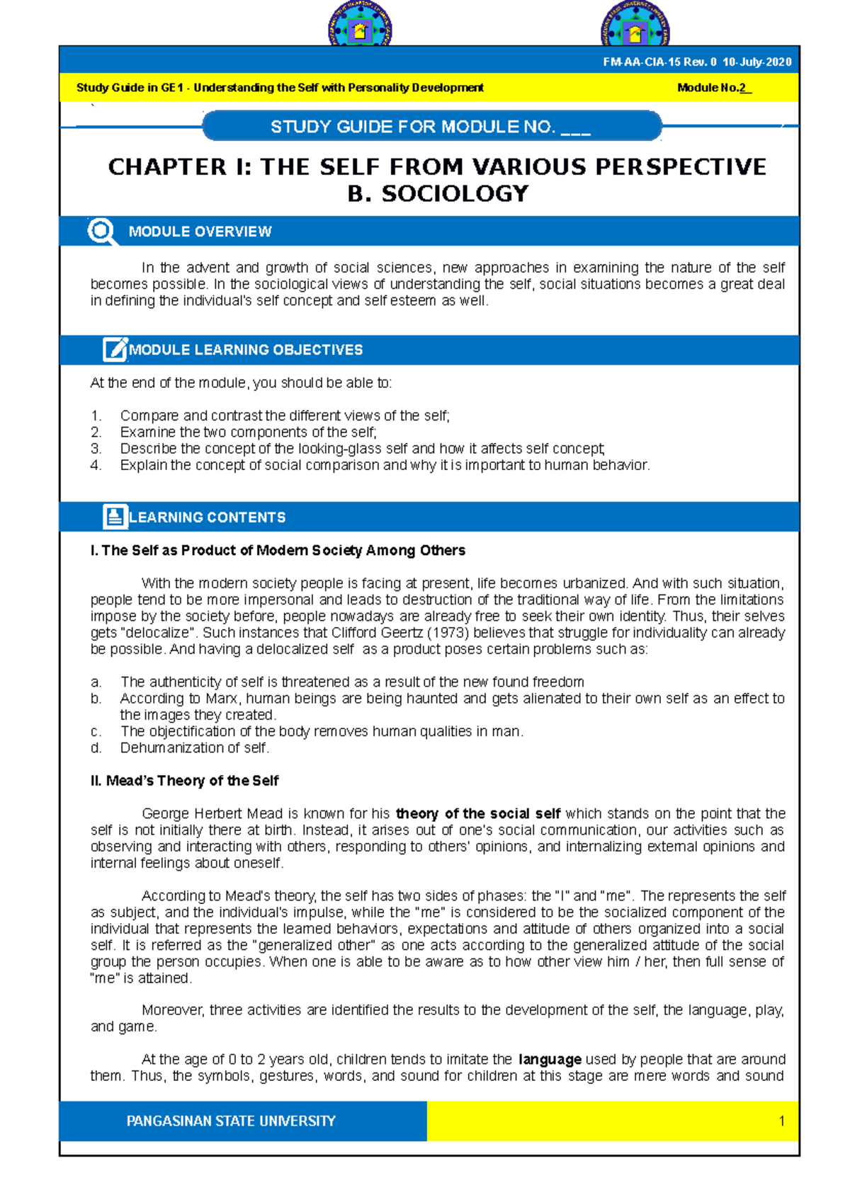 GE1 Module 2 - Sociology - Understanding the Self - PangSU - Studocu
