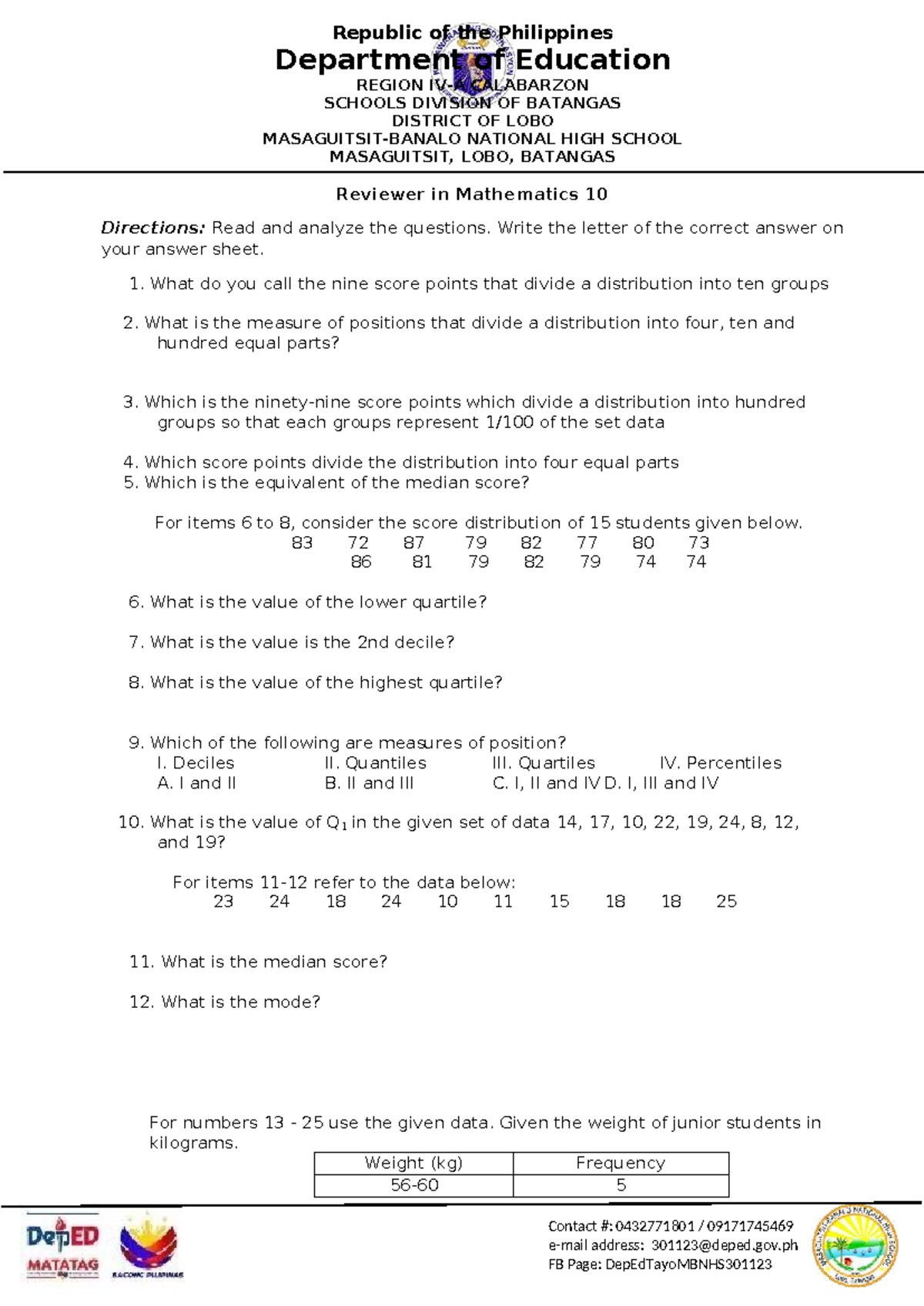 Math 10 Reviewer: Measures of Position and Score Distribution - Studocu