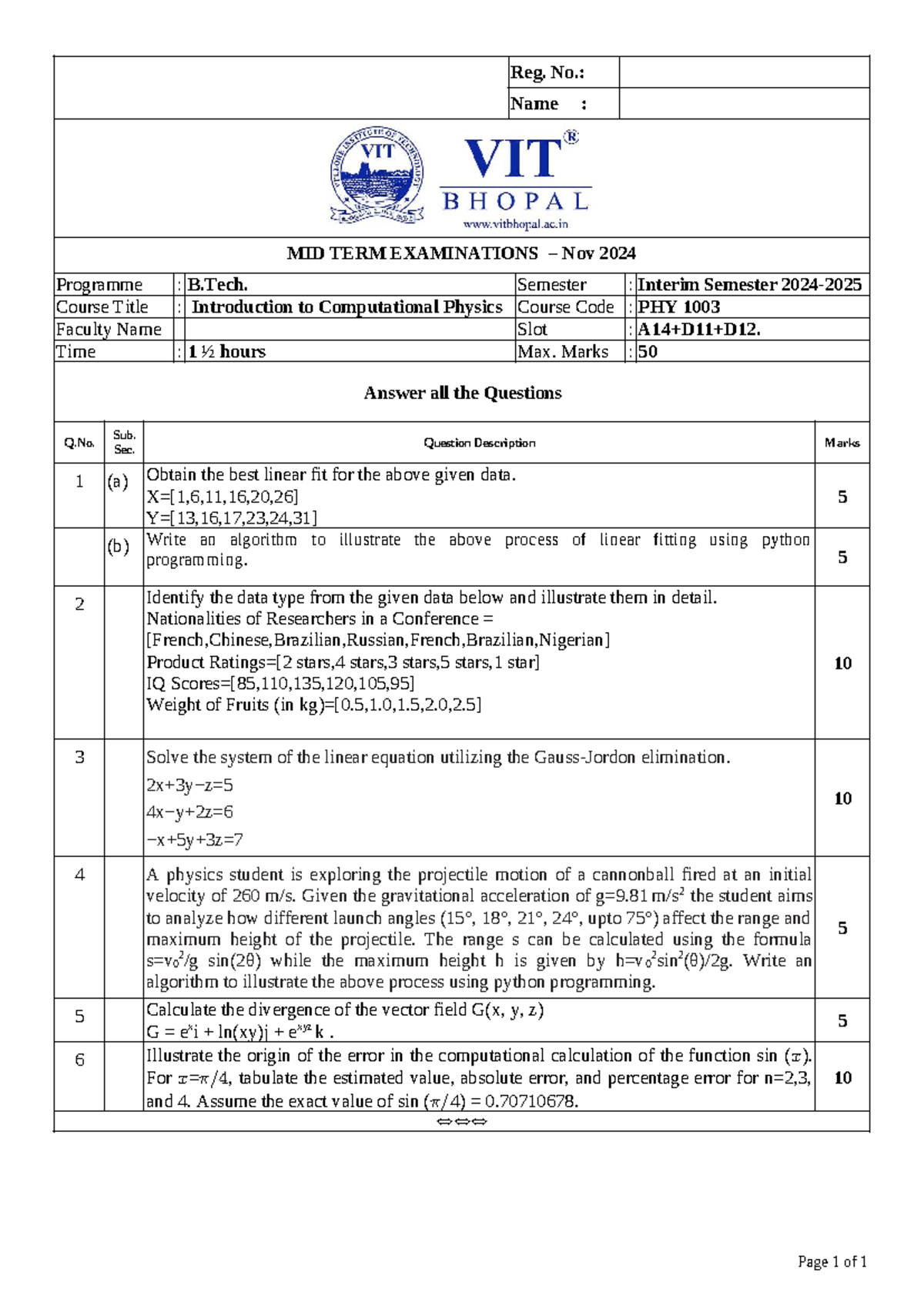 PHY 1003: Midterm Exam Q&A - Introduction to Computational Physics ...