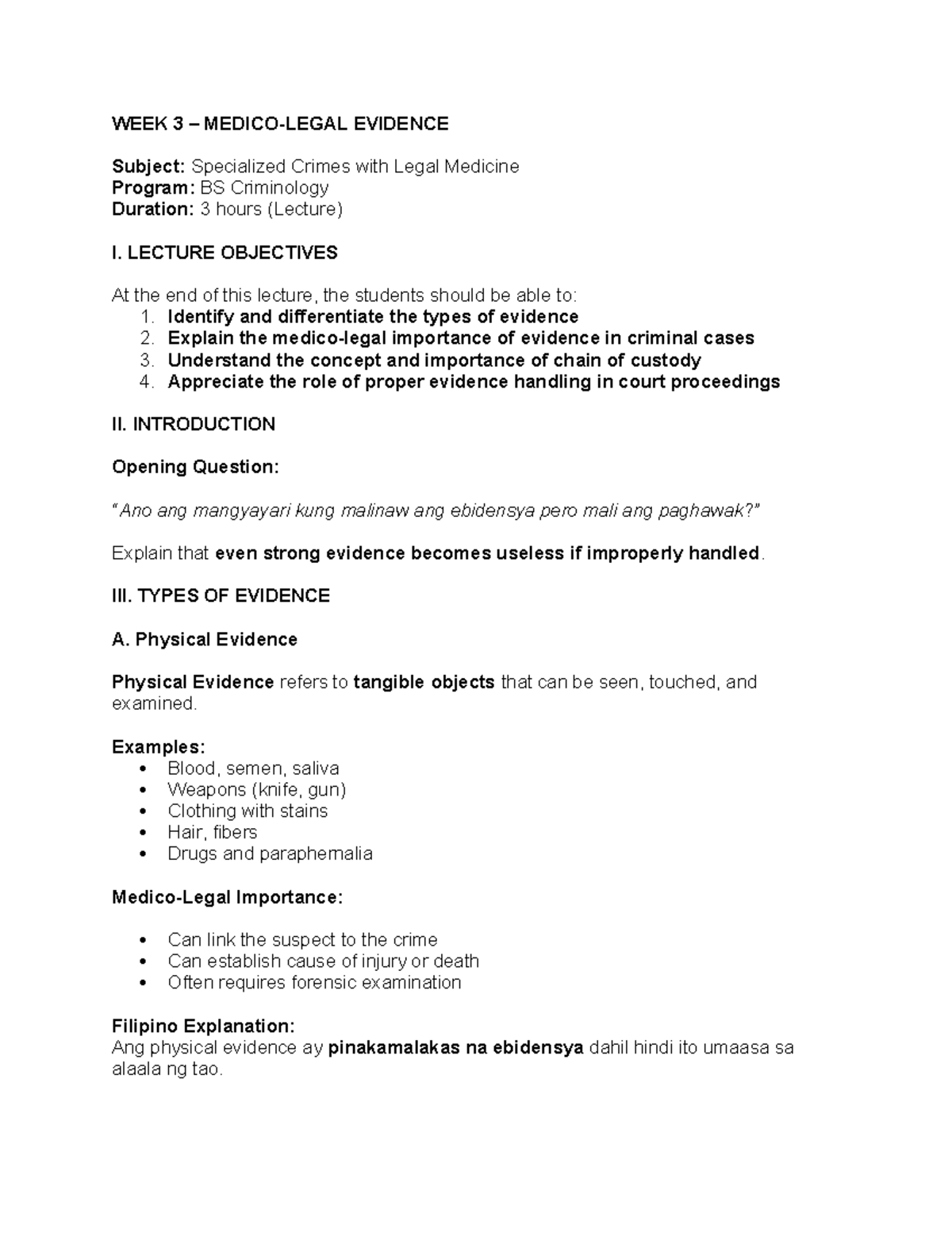 WEEK 3 LECTURE: Evidence in Specialized Crimes (BS Criminology) - Studocu