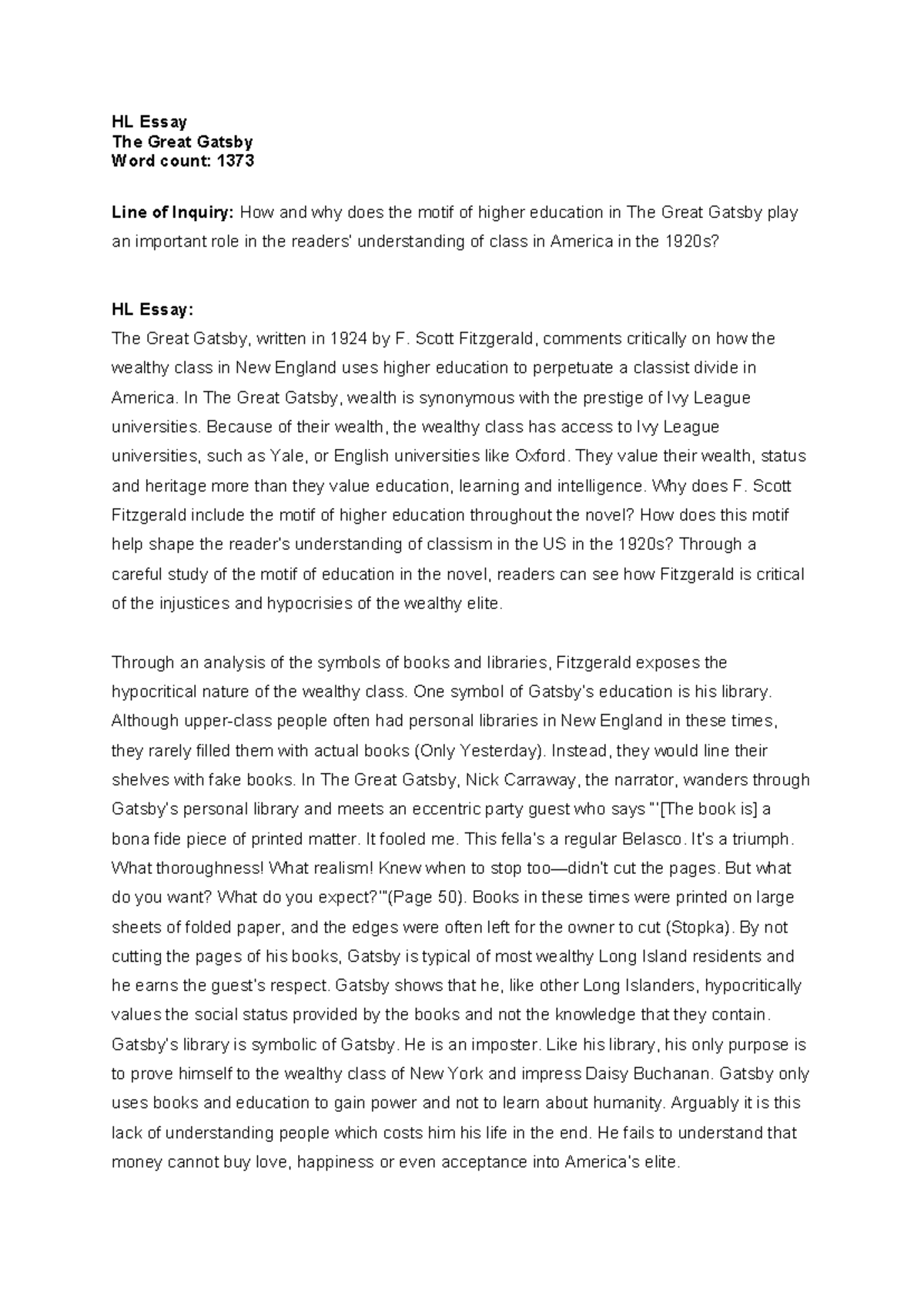 HLE The Great Gatsby -exemplar - HL Essay The Great Gatsby Word count ...