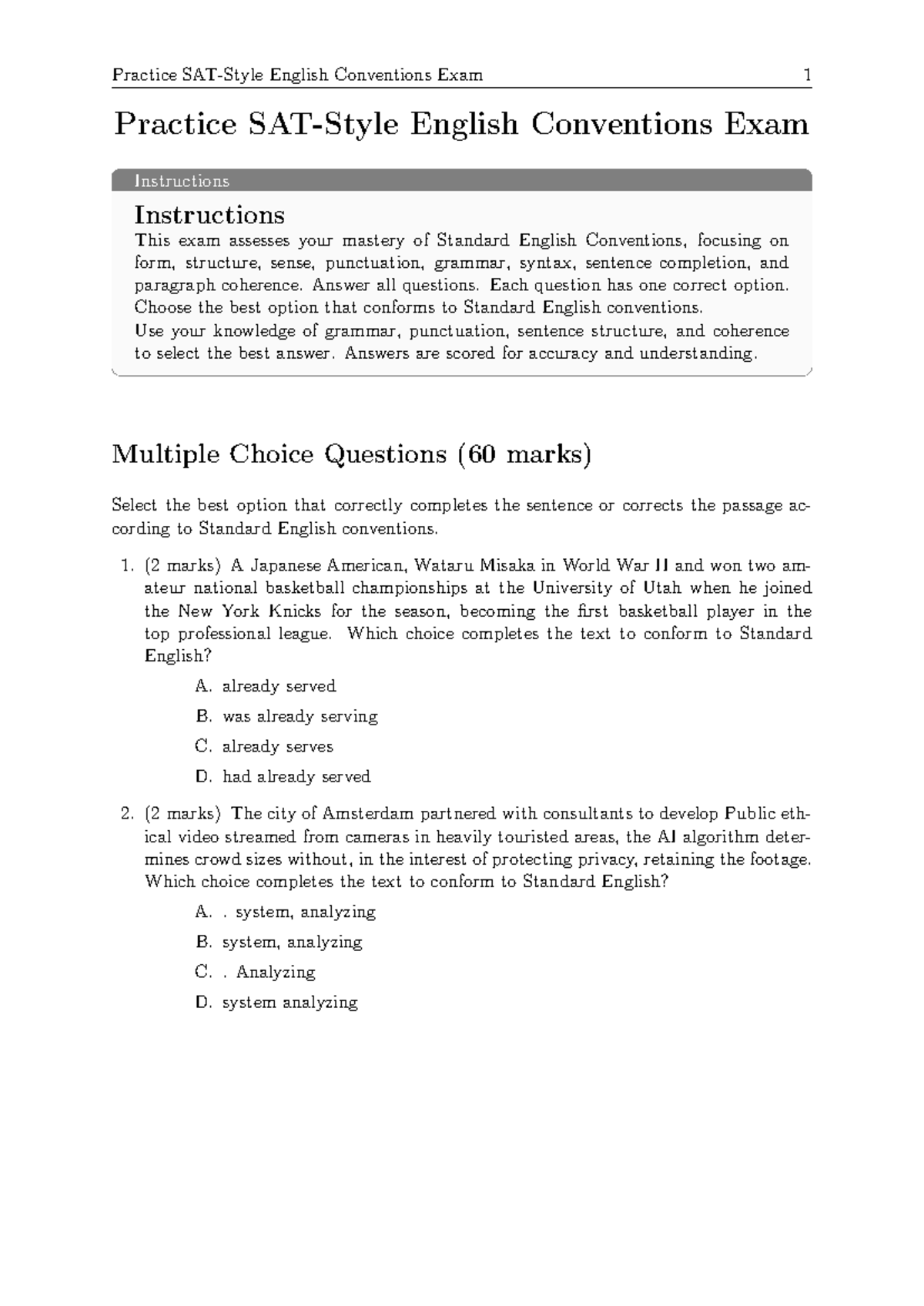 Practice English Conventions Exam 1: Mastery Assessment Guide - Studocu