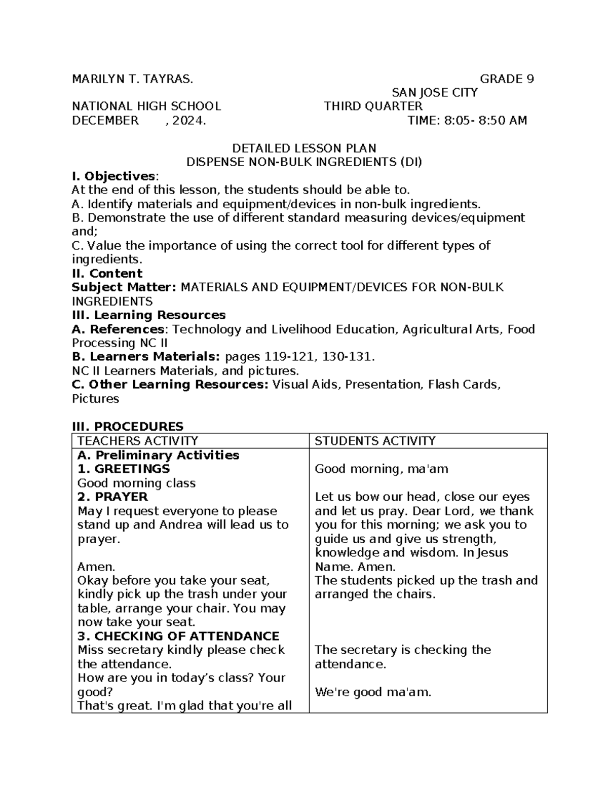 DLP TLE9 - Detailed Lesson Plan for Dispensing Non-Bulk Ingredients ...