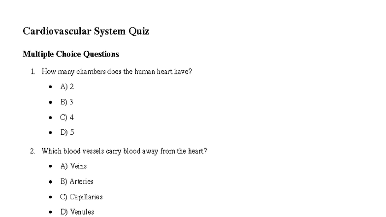 Cardiovascular System Quiz (BIO 101) - MCQs and True/False - Studocu