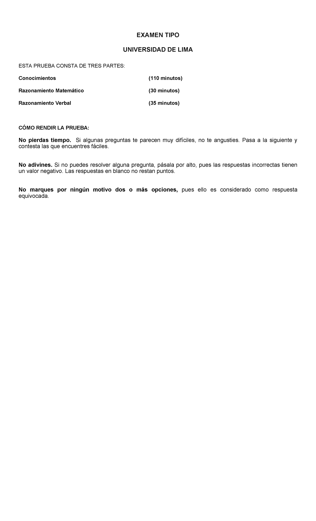 Examen de Admisión Universidad de Lima - Prueba Completa - Studocu