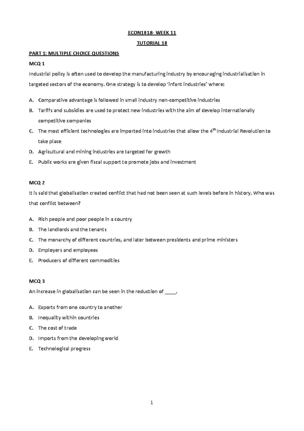 WEEK 11 TUTORIAL 10: MCQs on Industrial Policy & Globalisation - Studocu