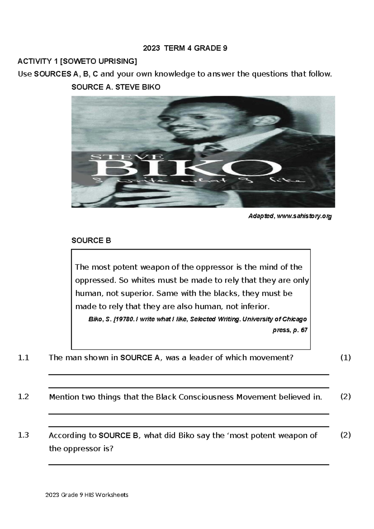 2025 G9 HIS Term 4 Activity Worksheets on Apartheid and Resistance ...