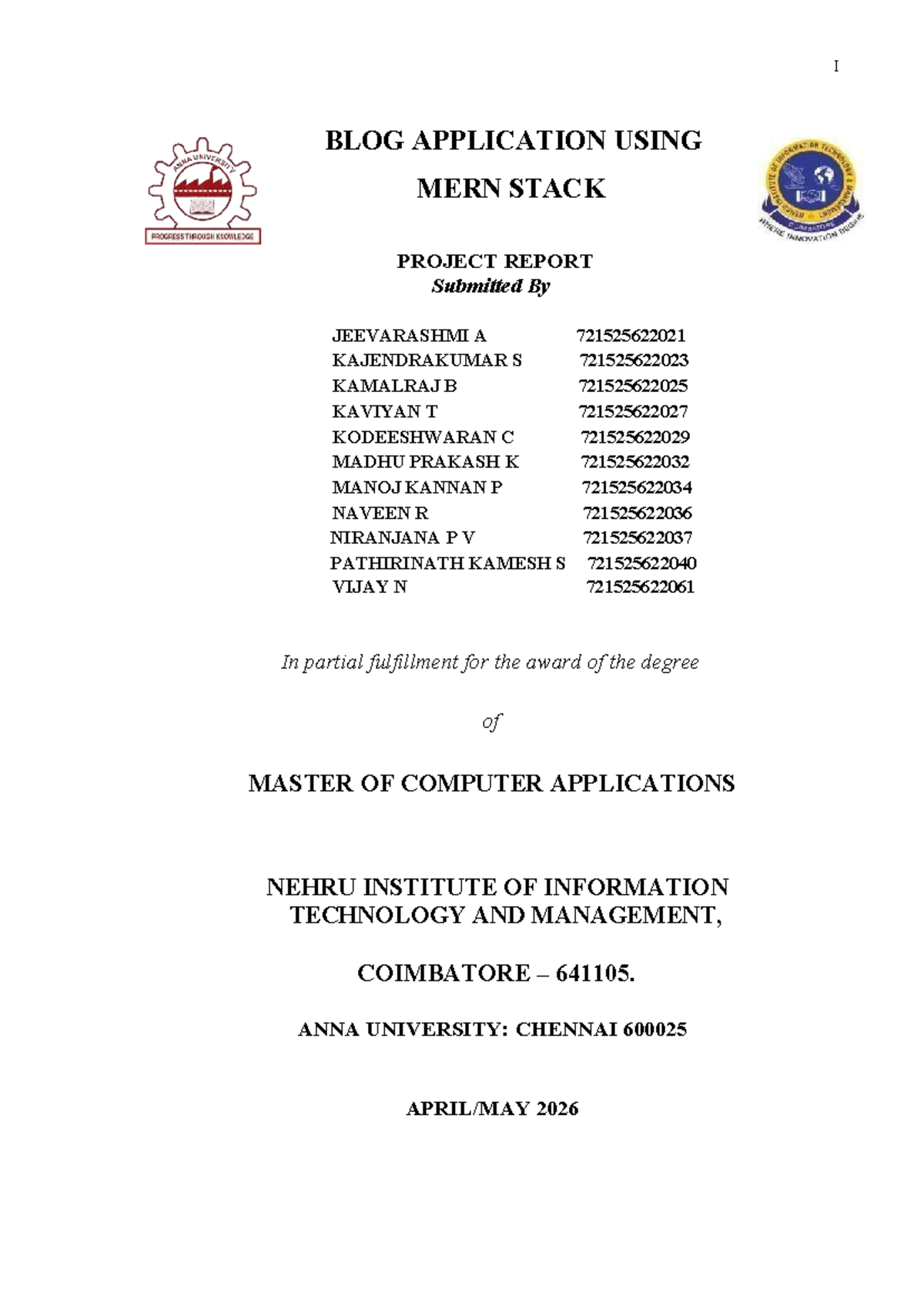 MCA 721525622021: Blog Application Using MERN Stack Project Report ...