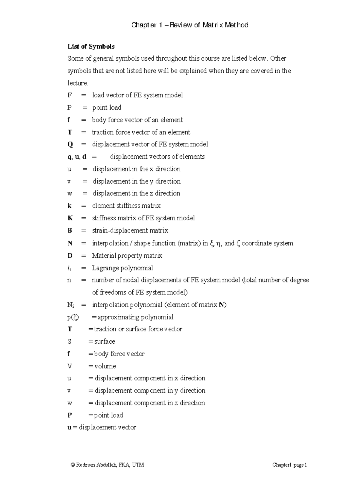 Chapter 1 - Review of Matrix Method: Key Symbols and Concepts - Studocu