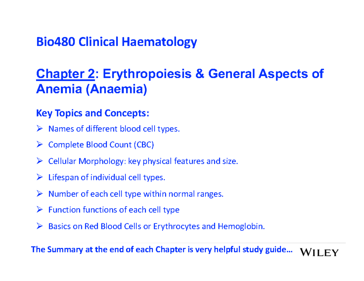 Bio480 Clinical Hematology Ch 2: Erythropoiesis & Anemia Overview - Studocu