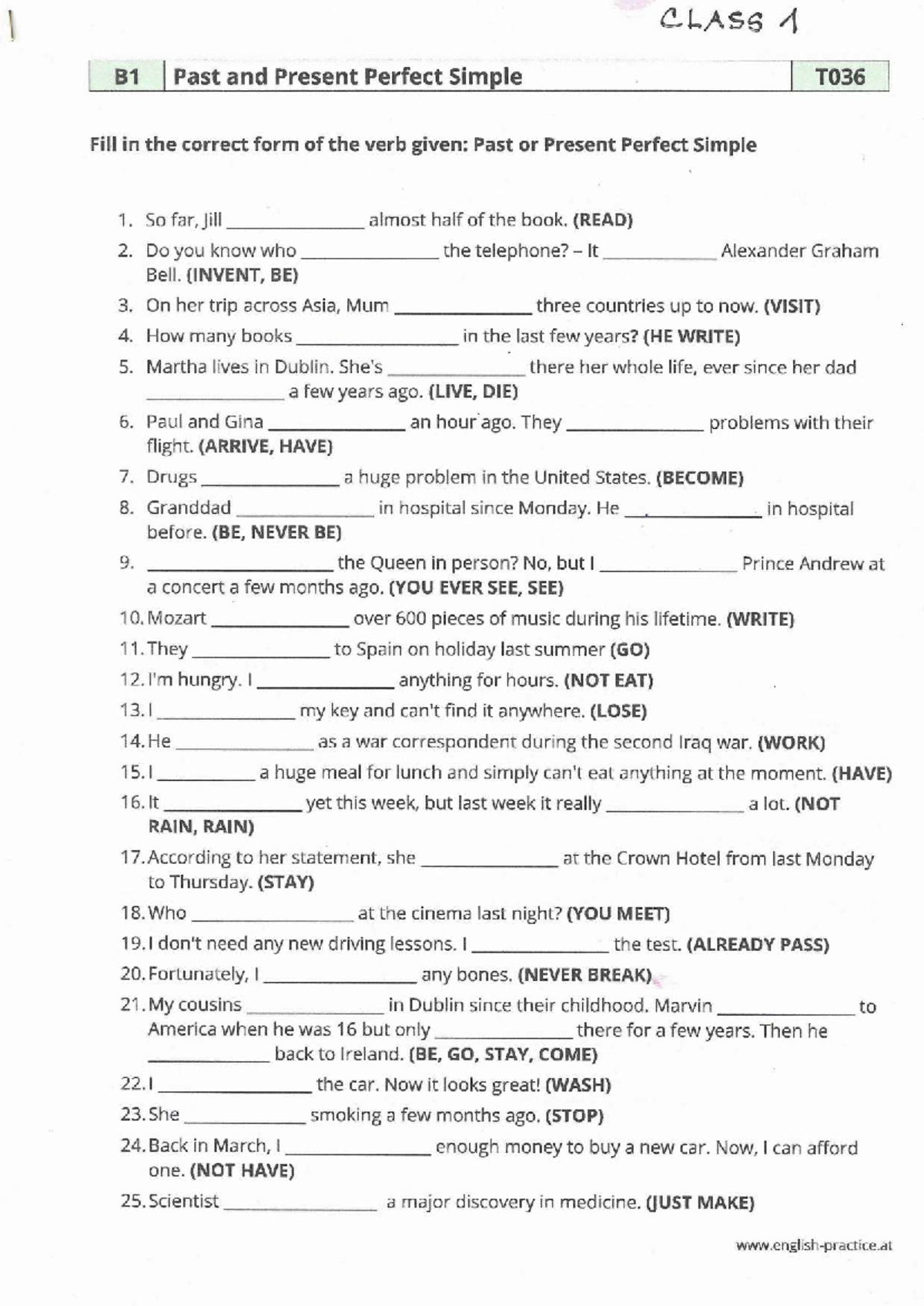 B1 Past and Present Perfect Simple T036 Exercise Worksheet - Studocu