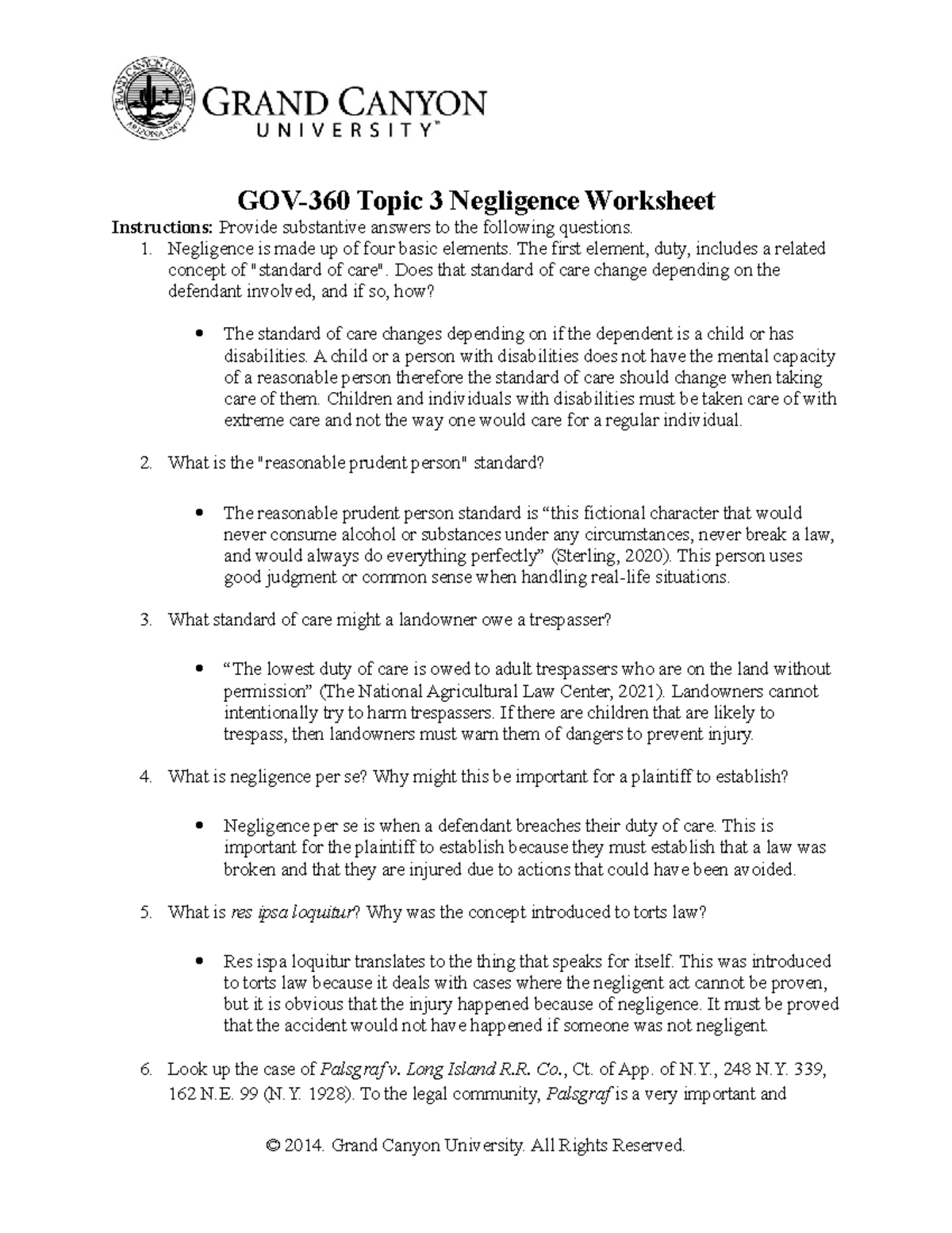 Negligence Worksheet - GOV-360: Key Concepts and Legal Standards - Studocu