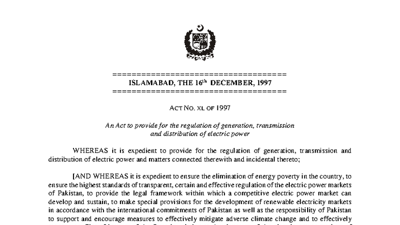 Regulation of Electric Power Act, 1997 - NEPRA Overview - Studocu